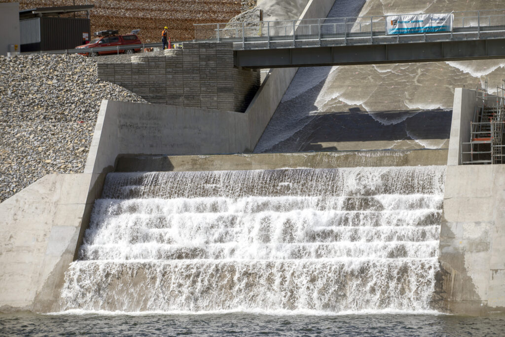Water flowing from spillway flip bucket – Waimea Water